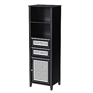 Tall Storage Cabinet Narrow Bathroom Corner Cabinet with Rattan Door Mid Century Modern Tower Cabinet Freestanding Cabinet Organizer with Metal Handles for Kitchen, Living Room, Bedroom, Black