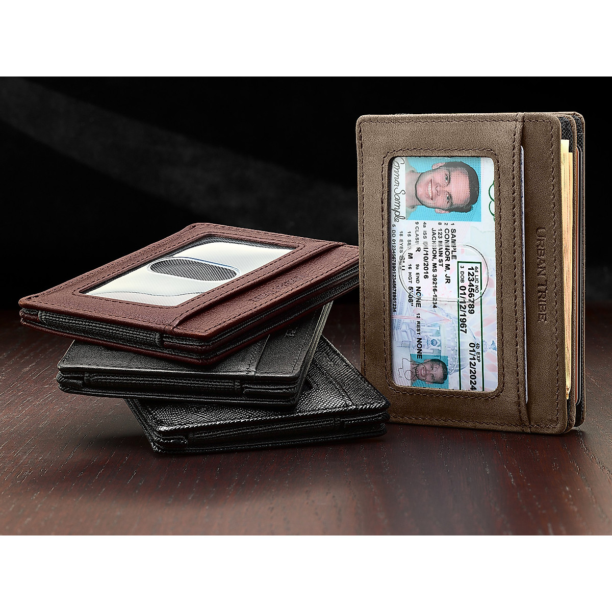 Urban Tribe Compact RFID Sleeve Wallet Premium Leather Minimalist Money Clip Card Holder