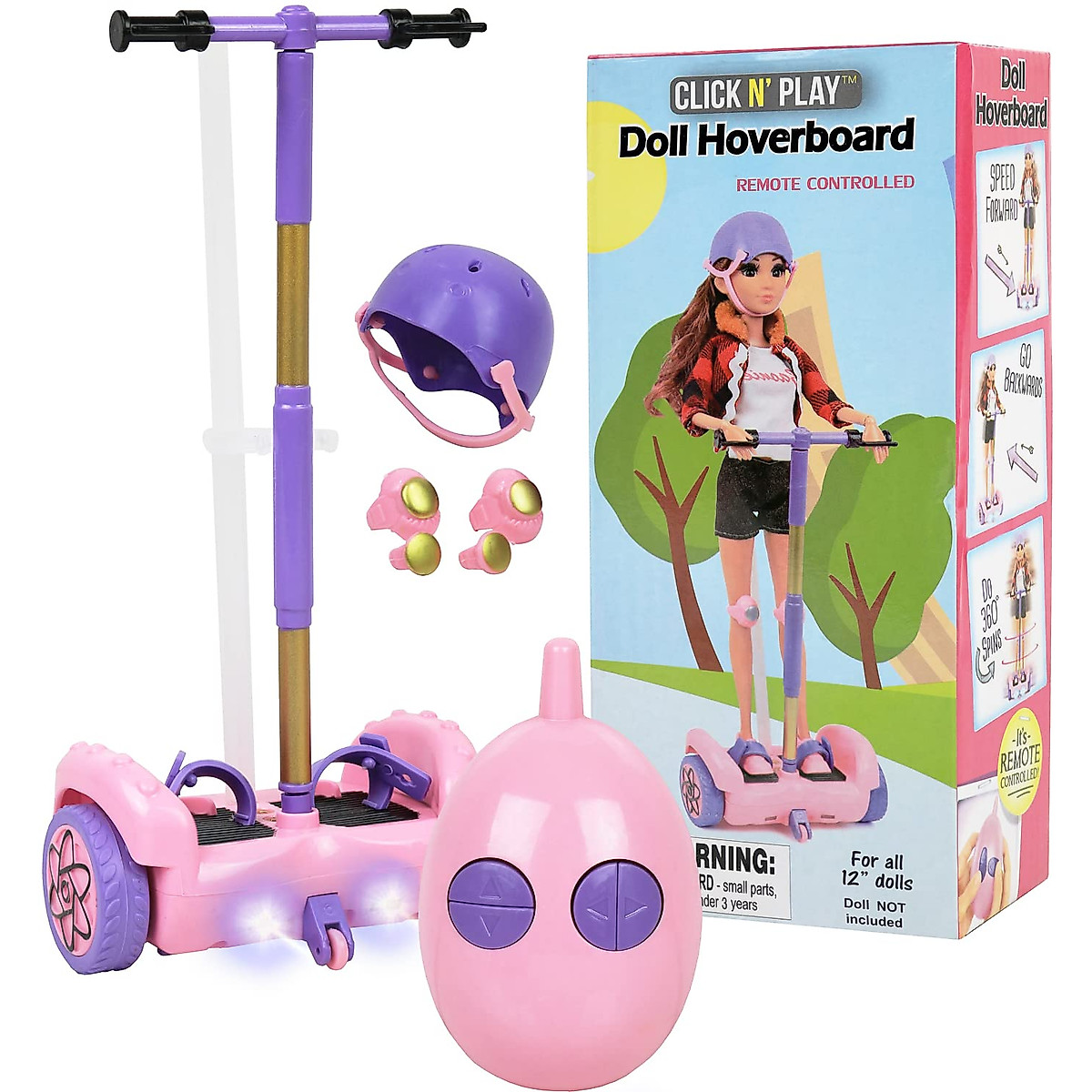 Click N' Play Scooter Set for 12" Dolls, Remote Control Pink Hoverboard with Helmet & Kneepad Accessories, Compatable with Barbies and Ken Dolls, Gifts for Girls Ages 3+, Girl Toys