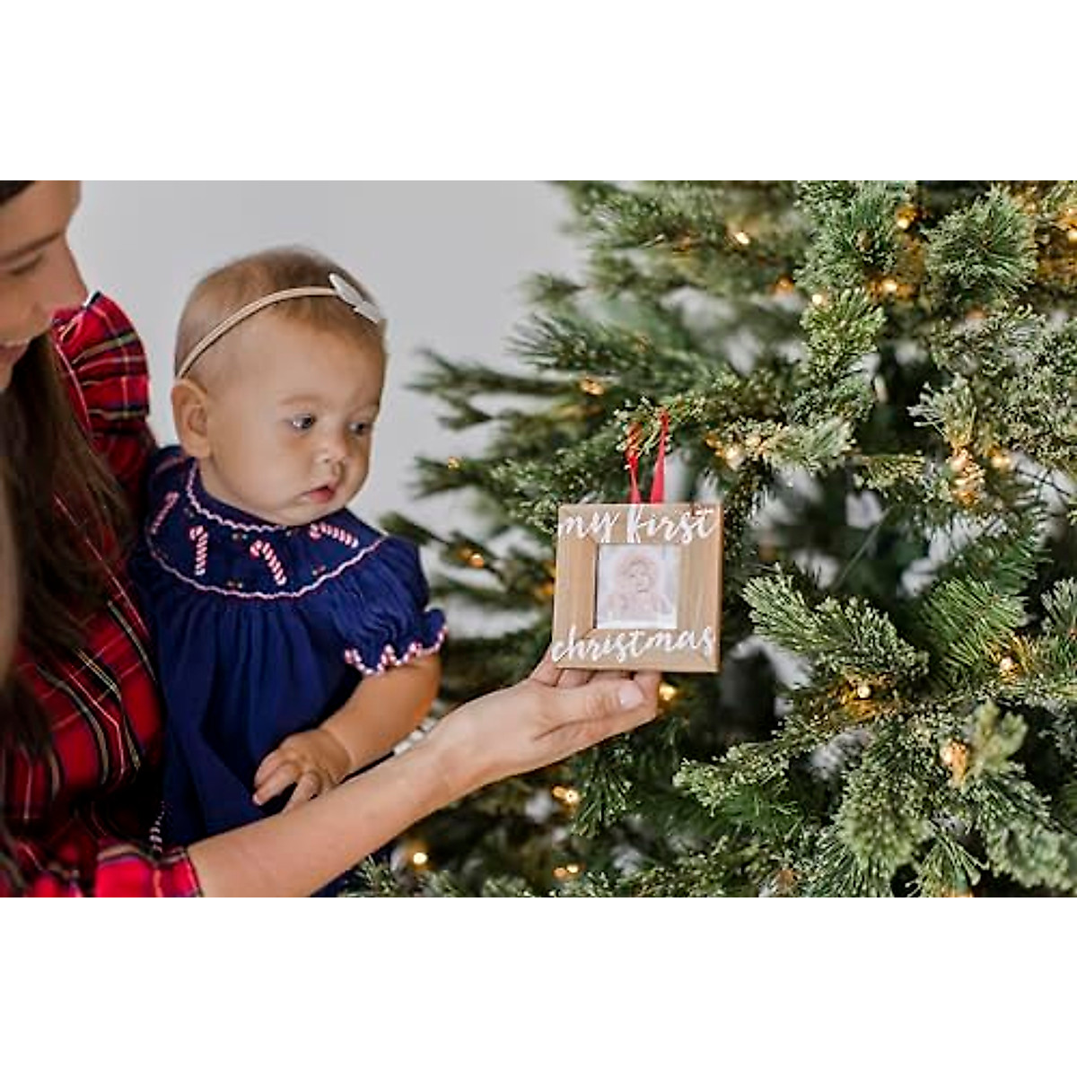 Pearhead Baby’s First Christmas Wooden Picture Frame Ornament, Newborn Milestone Keepsake Photo, Holiday Gift For New and Expecting Parents, Rustic My First Christmas Ornament