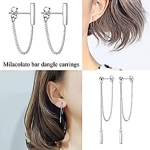 Milacolato 925 Sterling Silver Chain Earrings 14K Gold Plated Chain Dangle Bar Earrings Hypoallergenic Stud Earrings with Long Drop Threader Chain for Women