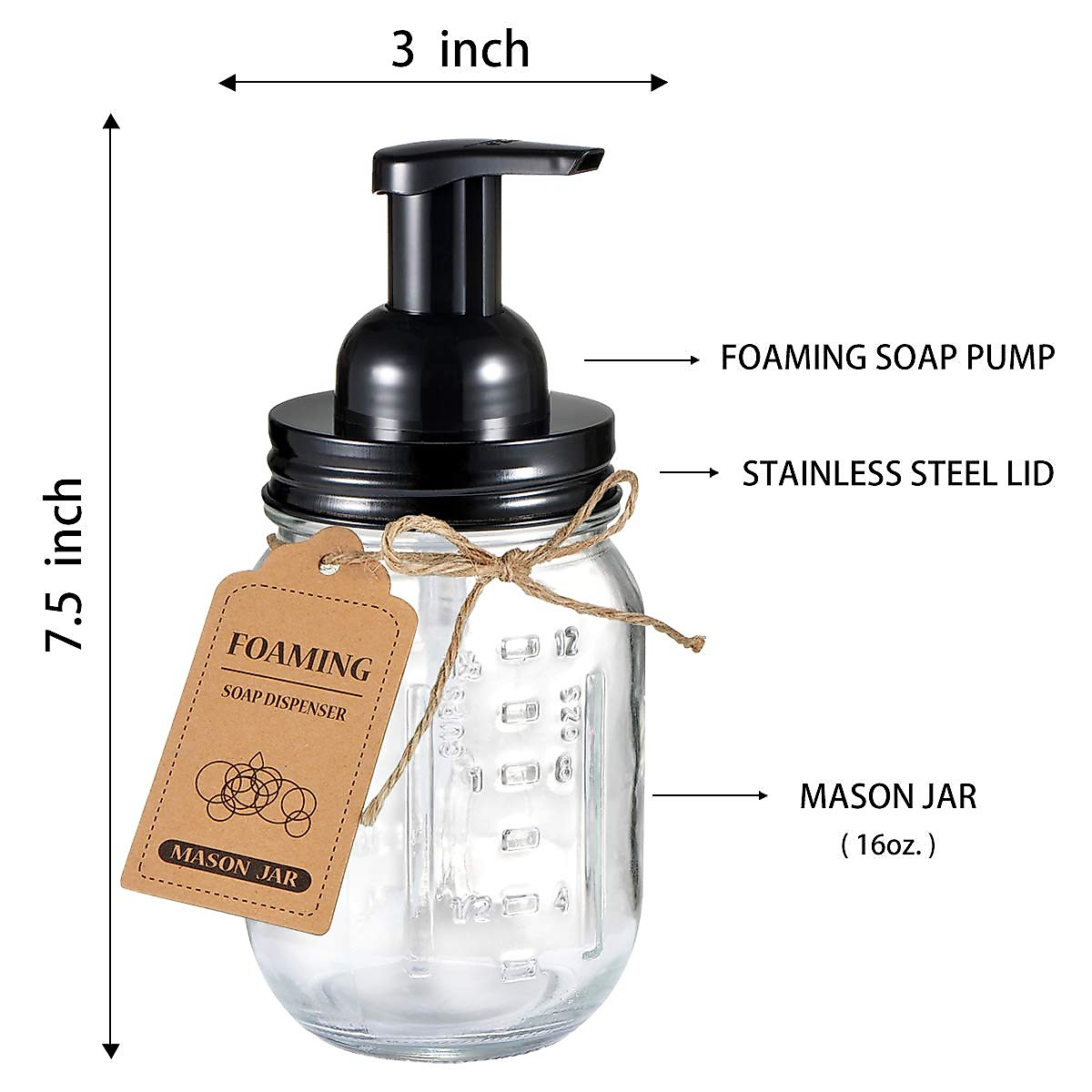 SheeChung Mason Jar Foaming Soap Dispenser - Rustproof Stainless Steel Lid&Foaming Soap Pump,Best Hand Foam Soap Dispenser Glass for Bathroom Vanities or Kitchen Sink,Countertops - Black (2 pk)