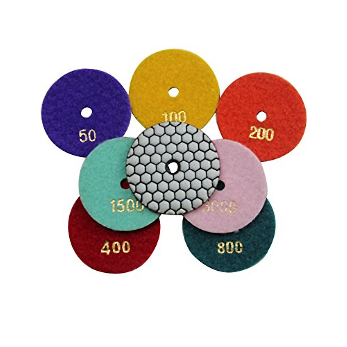 Konfor Diamond Dry/Wet 3" Polishing Pads for Stone Polisher, 7-Step Abrasive Buffing Set