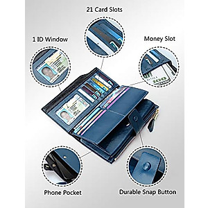 Demon&Hunter Women's RFID Blocking Large Capacity Luxury Wax Genuine Leather Purse Wallet Sapphire Blue DZA2083U