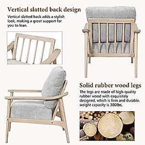 FIQHOME Mid Century Modern Solid Wood Frame,Arm Vertical Slatted Back,Thick Pad Upholstered Accent Chair for Living Room, Bedroom, Belcony,Natural