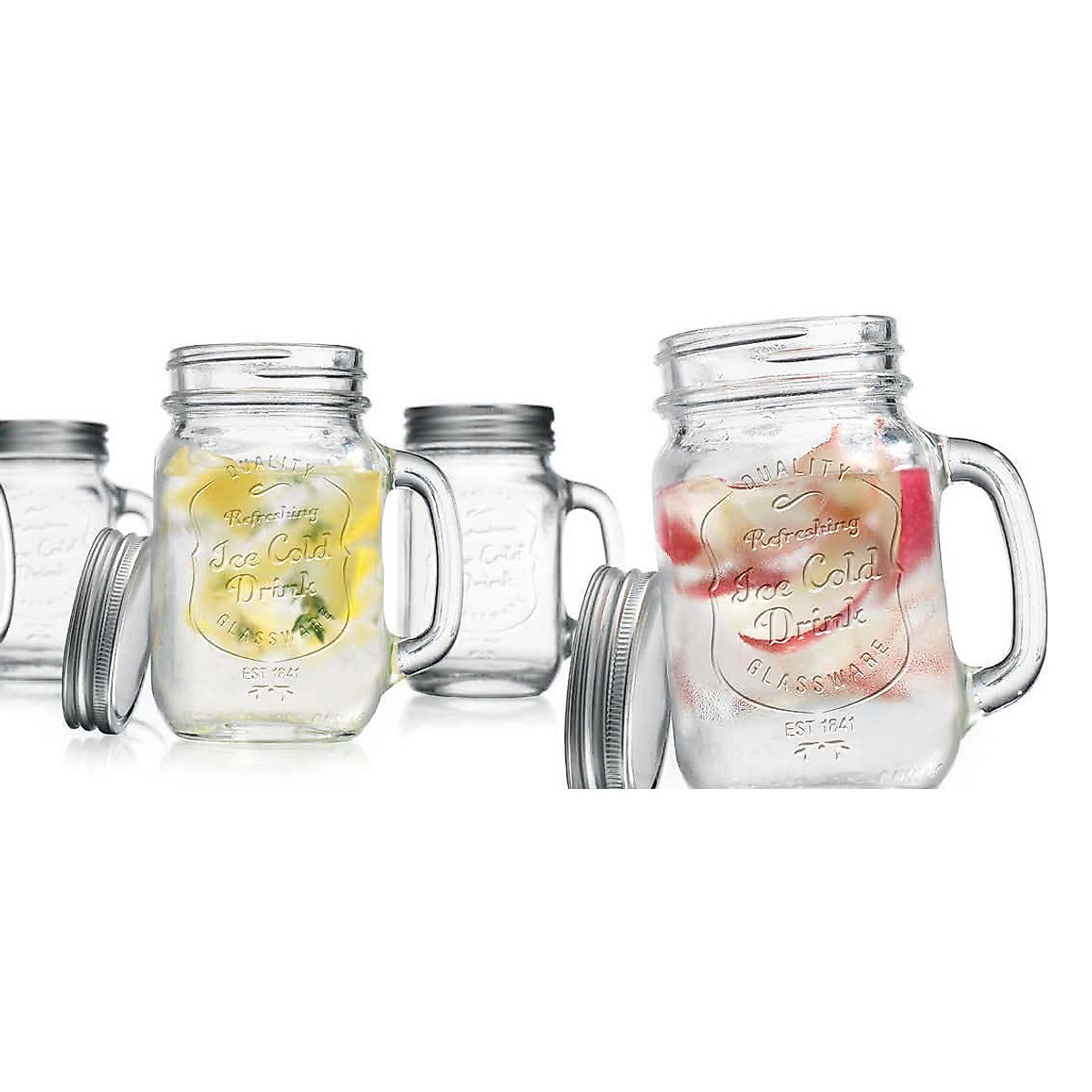 Glaver's Mason Drinking Jars – Set of 4, 16 Oz Clear Glass Jar with Handle and Lid. – Ice-Cold Drink Glassware Logo – Glass Mugs Ideal for Cold Beverages, Juice, Smoothie, Cocktails.