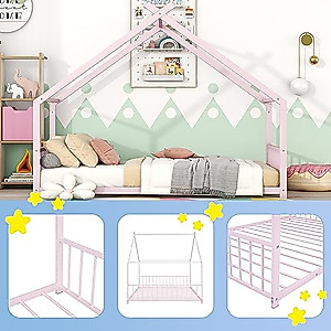 HANLIVES Full House Bed for Kids, Metal Floor Bed Frame Full with Headboard and Footboard, Full Kids Bed Floor Bed for Toddlers, Girls, Boys(Pink)