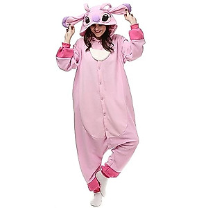 KIGUZAN Pink Stitch Onesie Costumes for Women Men Adult Unisex Halloween Party Christmas Animal Pajamas Small
