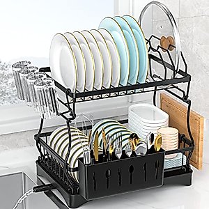 Dish Drying Rack, 2-Tier Dish Drying Rack with Drainboard Set, Black Metal Dish Rack Plate Rack for Kitchen Counter, Dish Drainer with Utensil & Cutlery Holder - Space-Saving Organizer for Countertop