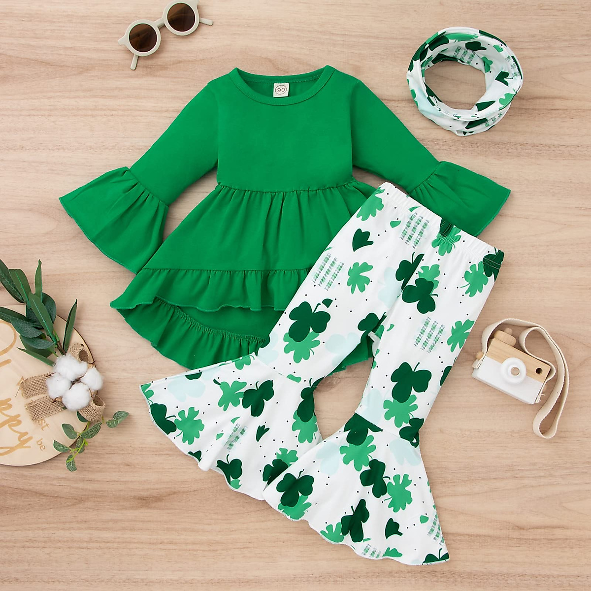 DUBASAM Kids Toddler Baby Girl St.Patrick's Day Outfit Pure Green Top Dress+Four Leaf Clover Pants with Scarf Clothes (Green+White, 9-12Months)