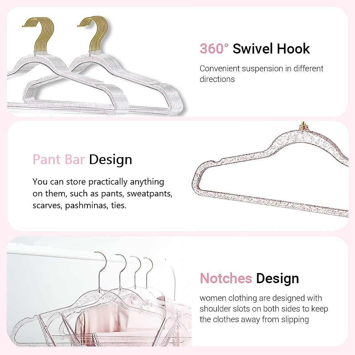 Pink Clothes Hangers 16", 20 Pack Plastic Clear Coat Hanger for Adult Closet, Durable Bling Ganchos de Ropa with Swivel Hook, Notched Shoulders & Ultra-Thin Space Saving Laundry Hanger for Dress Suits