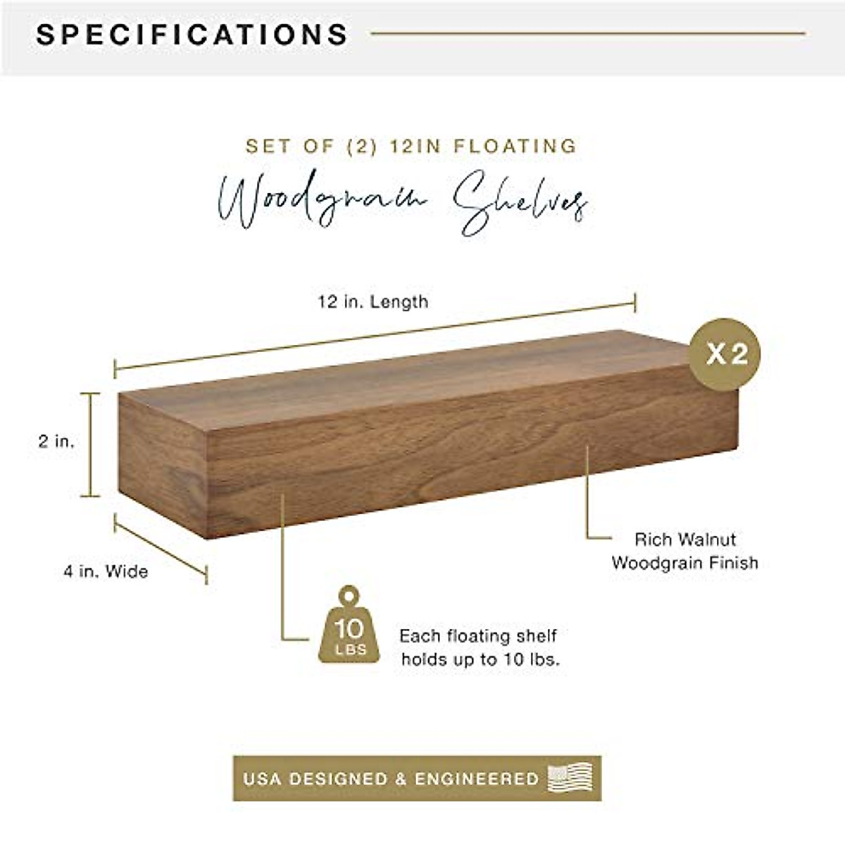 MCS Floating Shelf, Room Decor Wooden Shelf, Walnut Woodgrain, 12 x 4 Inch, Set of 2