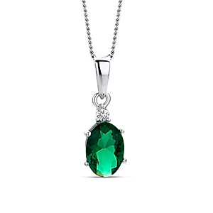 Orovi 14K 585 White Gold Oval Stud Pendant Necklace for Women with Dainty 925 Sterling Silver Chain - Created Emerald May Birthstone Pendant - Handcrafted Gift- Gold Necklace Gift for Women