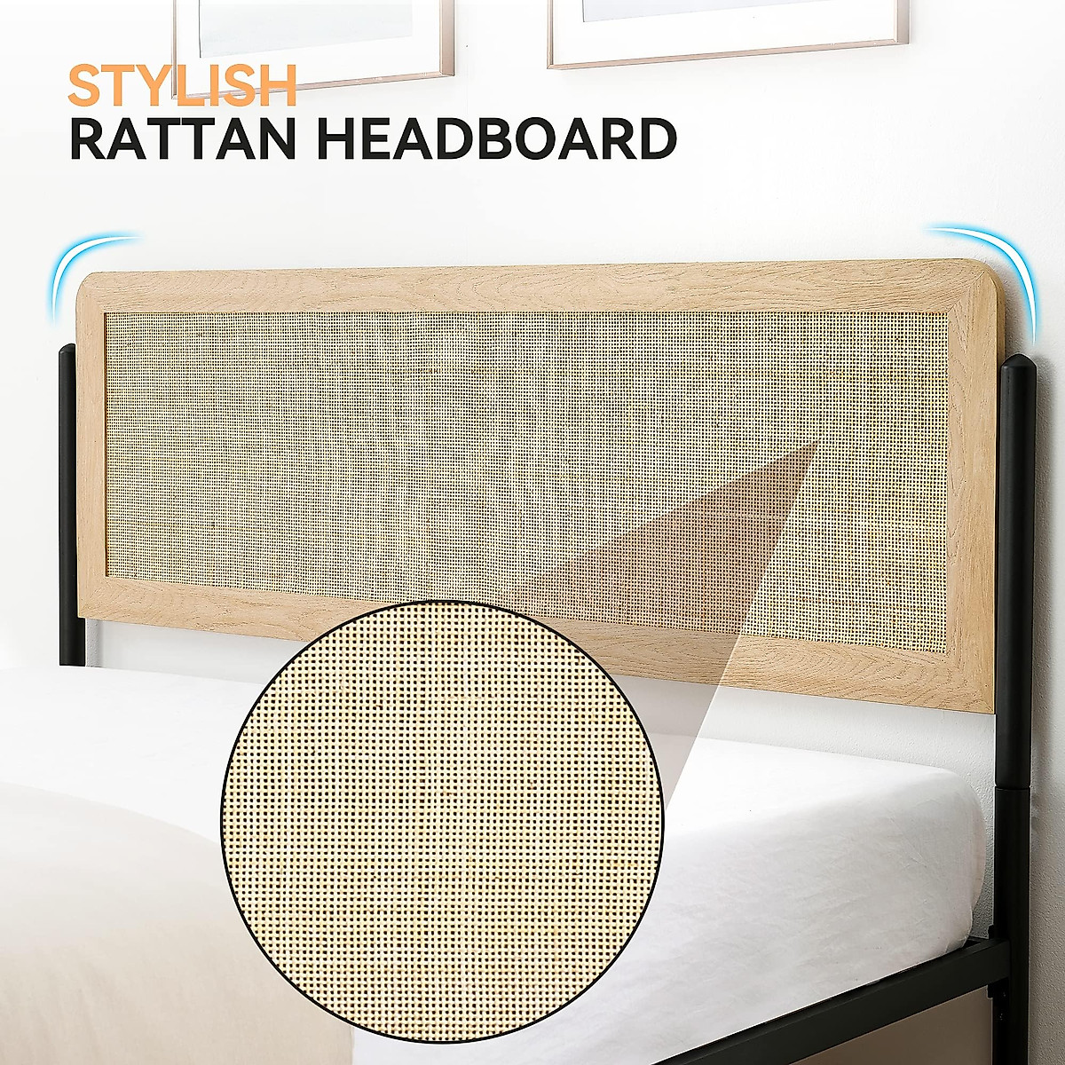 GarveeHome Queen Size Bed Frame with Rattan Headboard, Rattan Queen Platform Bed Boho Style with Strong Metal Slats Support, Under Bed Storage, Noise-Free, No Box Spring Needed, Light Oak