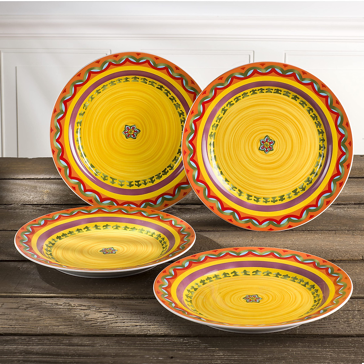 Euro Ceramica EC-GAL-1001 Galicia Collection Andalusian-Inspired 16 Piece Dinnerware Set, Vibrant Assorted Patterns, Multicolor