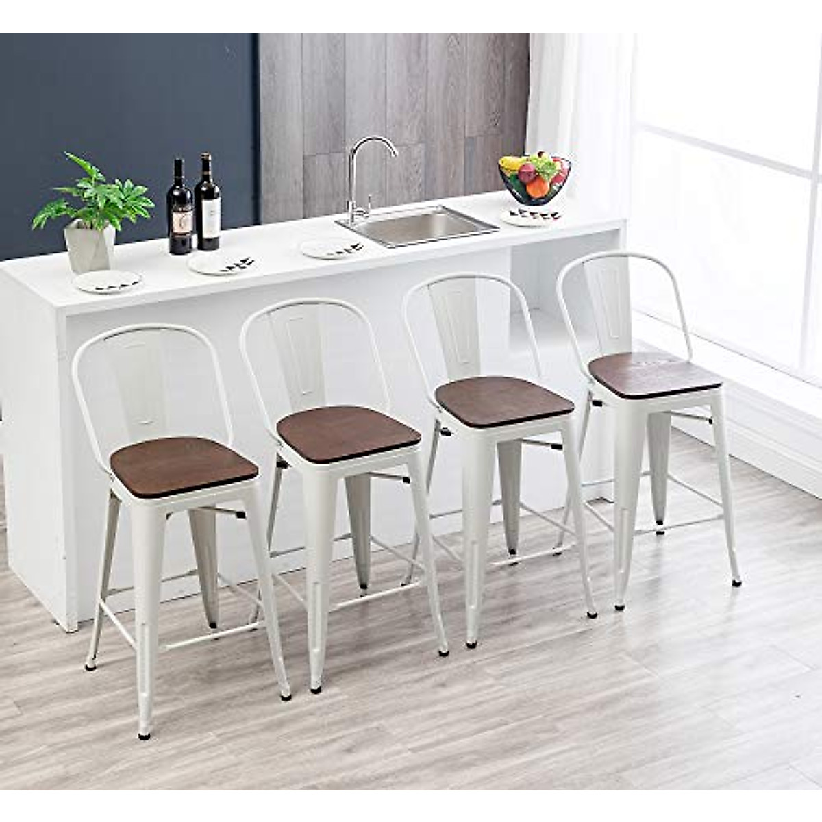 HAOBO Home Metal Bar Stools Modern Industrial Counter Height Stools Dining Chairs (24", High Back White Wooden Seat)[Set of 4]