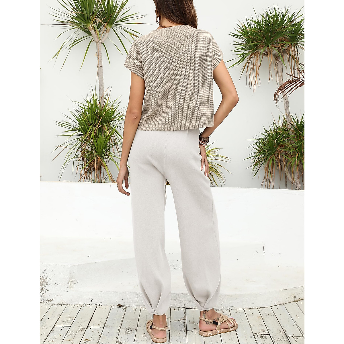 Ugerlov Women's Two Piece Outfits Sweater Sets Knit Pullover Tops and High Waisted Pants Lounge Sets, White, S