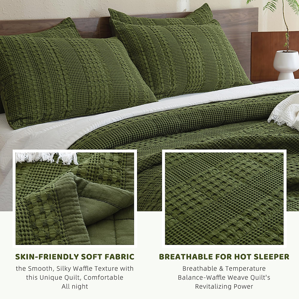 Sanracie Olive Green Waffle Weave Quilt Set Queen Size(90"x98")-100% Cotton Quilted Bedspread Set,3PCS Boho Queen Quilt Bedding Sets, Farmhouse Coverlet Shabby Lightweight Chic Bedding