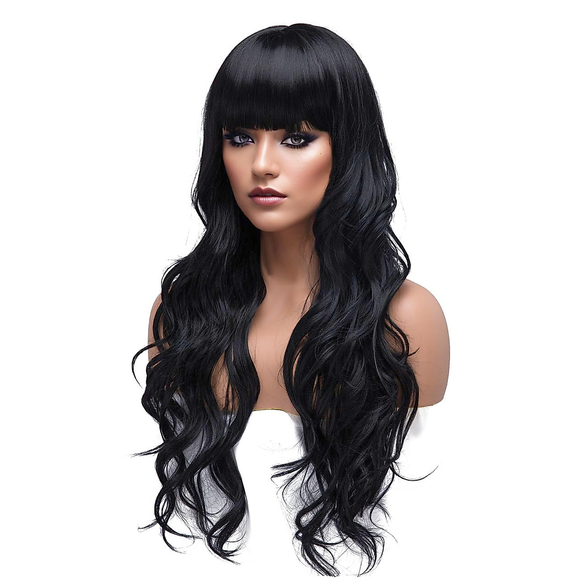 BESTUNG Long Curly Wavy Wigs for Women Ladies Synthetic Full Hair Natural Black Brunette Wig with Straight Bangs for Daily Wear (Straight Bangs, Black)