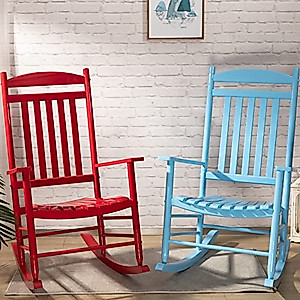 ALIMORDEN Solid Wood Porch Rocking Chair, High Back Slat Reclining Seat Patio Chair, Indoor Outdoor, Blue