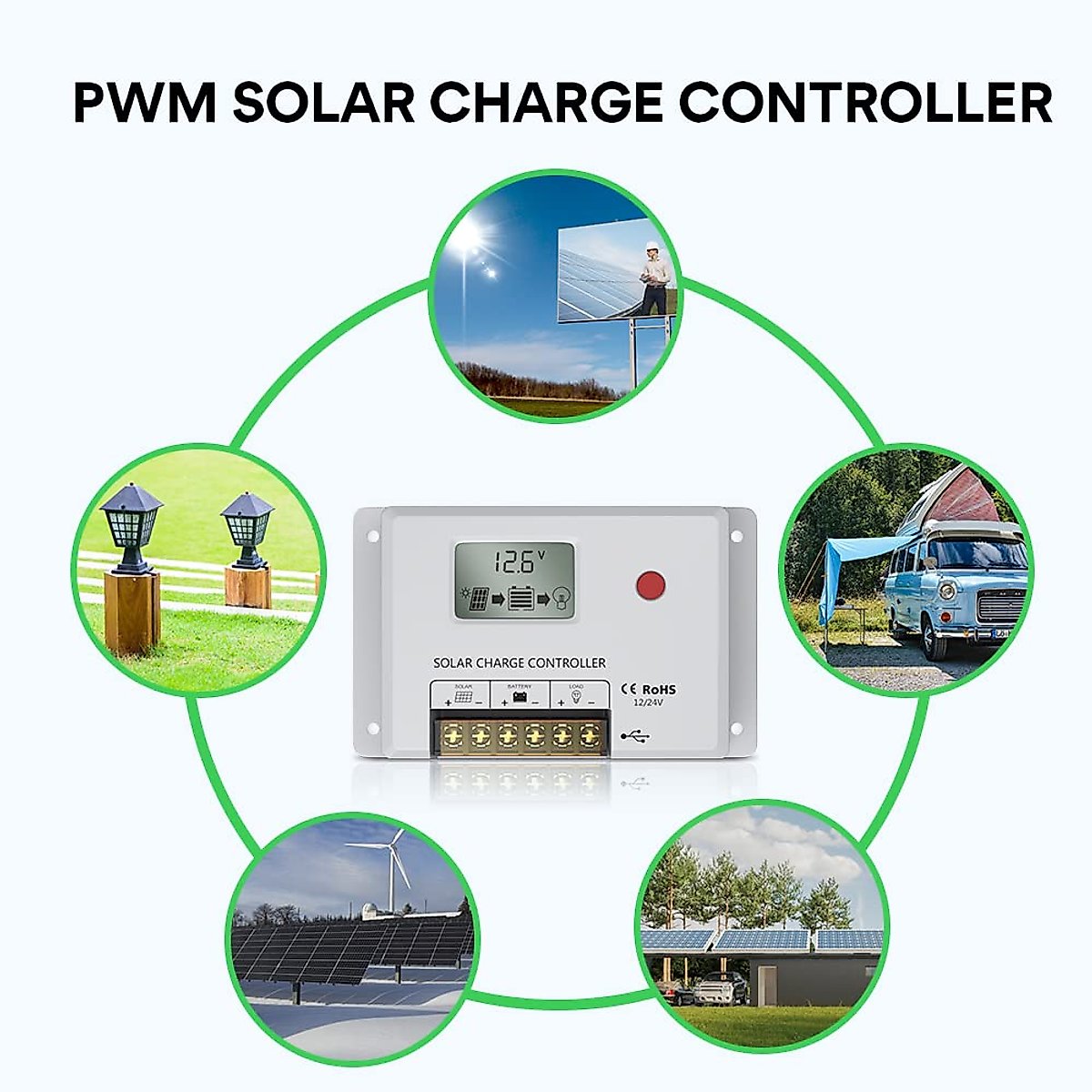 30A Solar Charge Controller, Bateria Power 12V/24V PWM Solar Panel Charger Controller Multi-Function Adjustable LCD Display with Dual USB Port Timer Setting Compatible with LFP, AGM, SLD, FLA