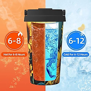 GTKSYNVE Reusable Coffee Mug with Lid and Handle, Moonlight Sunflower Pattern Tumbler for Hot & Cold Drinks 16oz Stainless Steel Insulated Coffee Tumblers Double Wall Vacuum Thermal Cup