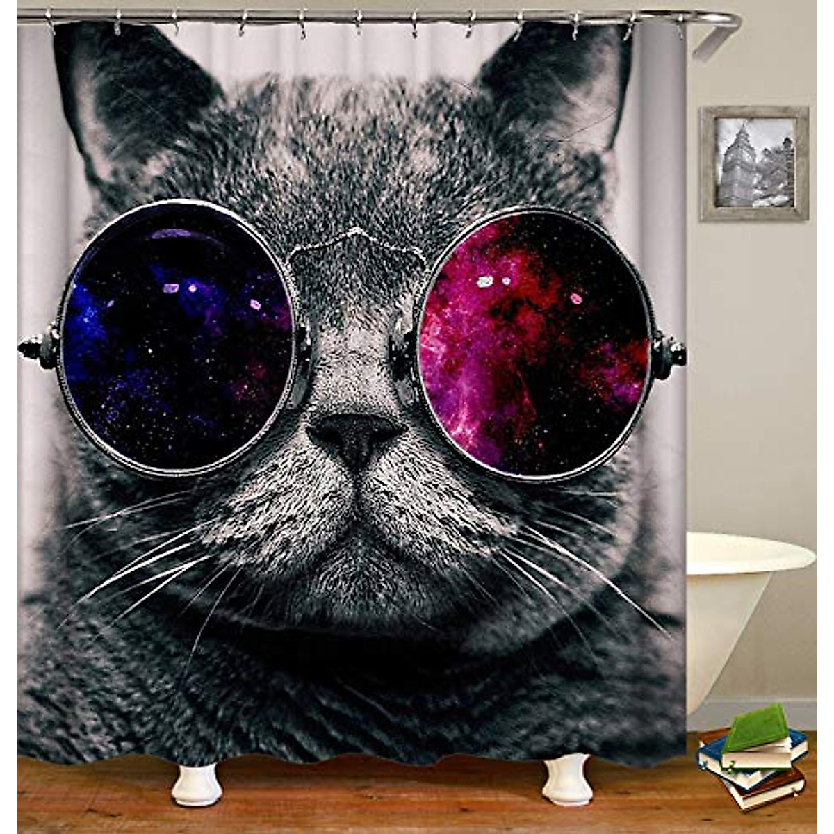 4PCS Space Cat Shower Curtain Sets with Rugs,Cat wear Galaxy Glasses Kids Bathroom Decor Non-Slip Bathroom Mat Bath Mat Toilet Rug,with 12 Hooks,72X72 Inch,Gray Cat