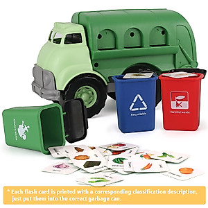 Liberty Imports Big Plastic Garbage Truck Toy, Waste Management Recycling Green Dump Vehicle with 4 Trash Cans and Recycle Sorting Cards for Little Kids, Toddlers