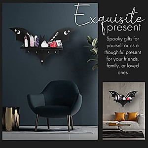 SEREIINO Bat Shelf - Spooky Goth Hanging Shelf with Hooks for Oddities and Curiosities - Gothic Halloween Wall Decor for Kitchen and Bedroom - Crystal Shelf for Display - Witchy Gifts for Women