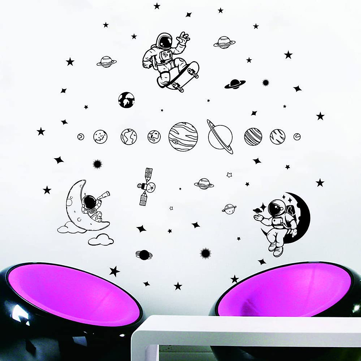 ANFRJJI Astronaut Wall Sticker - Removable PVC Vinyl Decals of Space Scooter, Telescope, Satellite and Planets - Cosmic Space Wall Decor for Kids Room, Game Room and Nursery - Galaxy Adventure Wall Art (Black-JWH214-Astronaut)