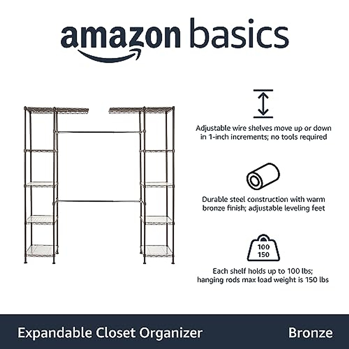 Amazon Basics Expandable Metal Hanging Storage Organizer Rack Wardrobe with Shelves, 57''-80''L X 14''WX72''H, Bronze