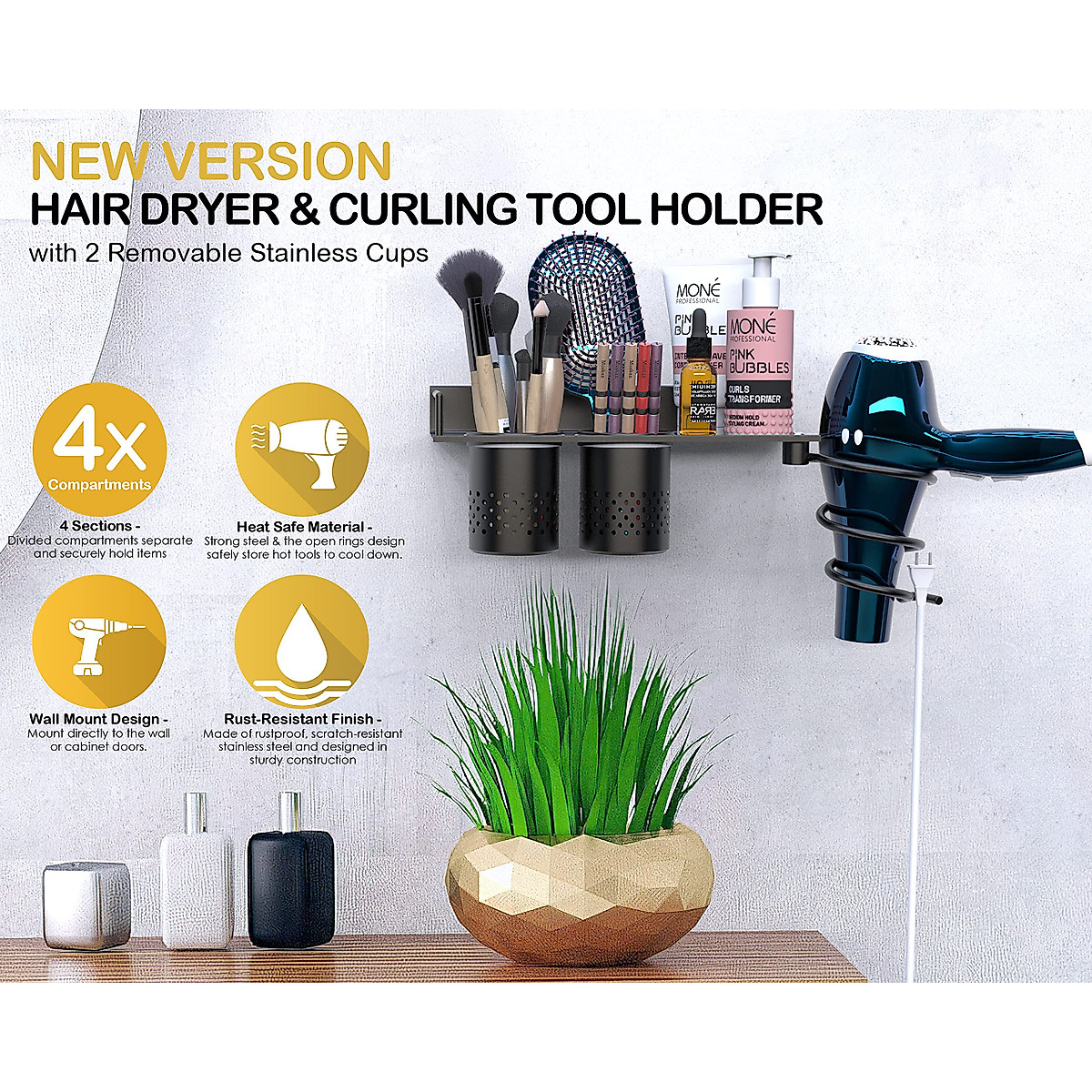 MyLifeUNIT Hair Dryer Holder, Hair Tool Organizer Wall Mounted with 2 Cups, Bathroom Blow Dryer Holder Shelf, Hair Styling Tools Organizer