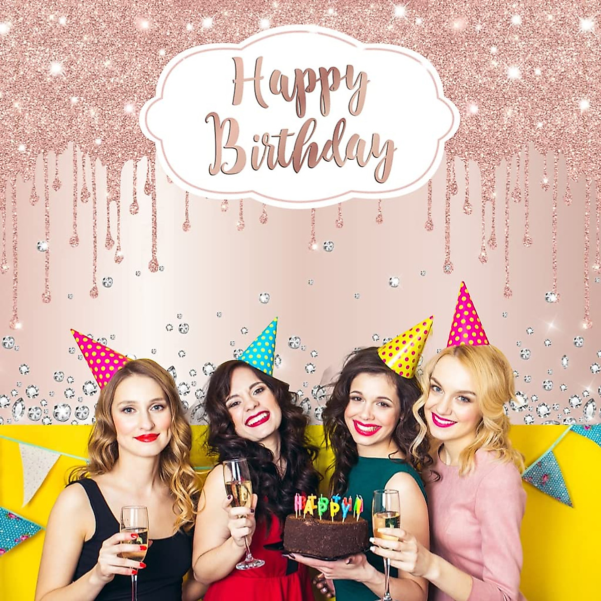 ASOONYUM 7x5ft Pink Gold Happy Birthday Backdrop Rose Golden Sparkling Diamond Background for Photography Girls Women Sweet 16th 18th 21th 40th 50th Birthday Party Decorations Cake Table Banner