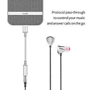 Moshi Integra Lightning to 3.5mm Headphone Jack Adapter [MFi Certified], DAC Chip Integrated, Ballistic Nylon Braiding, Aluminum Housings, Exceeds 10,000 Bend Cycles, for iPhone/iPad, Jet Silver