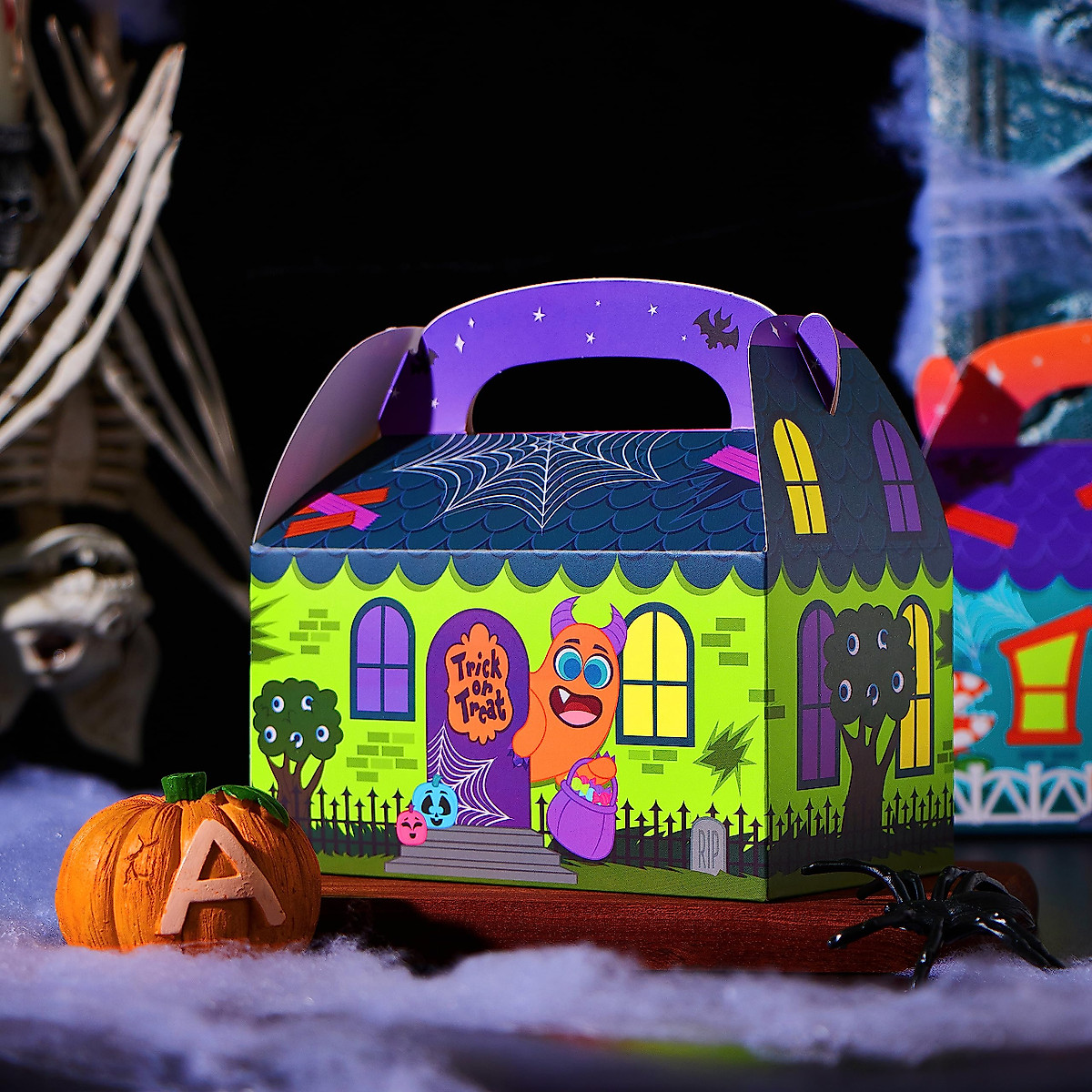 JOYIN 32 Pcs Halloween Trick or Treat Candy Boxes (5.6"x5.66"x3.5"), 3D Halloween House Cardboard Treat Boxes, Cupcake Cookie Goodie Boxs for Halloween Party Favor Supplies