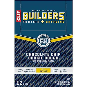 CLIF Builders + Caffeine - Chocolate Chip Cookie Dough Flavor - Protein Bars - Gluten-Free - Non-GMO - Low Glycemic - 20g Protein - 2.4 oz. (12 Count)