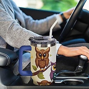 LLUTSNTH 40 Oz Vacuum Tumbler with Deep Blue Handle Leakproof Insulated Tumbler Owls Birds Stainless Steel Travel Mug with Lid And Straw Coffee Cup Cute Water Bottles Cup Holder Friendly