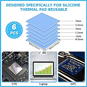 Frienda 6 Pcs Thermal Pad 100 x 100 mm, 0.5 mm, 1 mm, 1.5 mm, 2 mm, 2.5 mm, 3 mm Heat Resistant Conductive Silicone Pad Thermal Pads Conductivity 6.0 W/M for Laptop Heatsink CPU GPU SSD IC LED Cooler