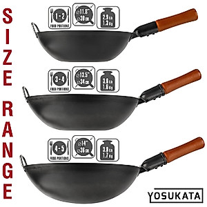 YOSUKATA Carbon Steel Wok Pan – 13,5 “ Woks and Stir Fry Pans - Chinese Wok with Flat Bottom Pow Wok - Traditional Chinese Japanese Woks - Black Steel Wok