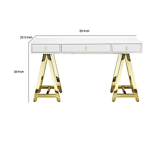 Benjara ILE 55 Inch Desk with 3 Storage Drawers, Wood Veneer, Metal, White and Gold