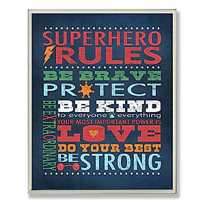 The Kids Room by Stupell Dark Blue Superhero Rules Rectangle Wall Plaque, 11 x 0.5 x 15, Proudly Made in USA