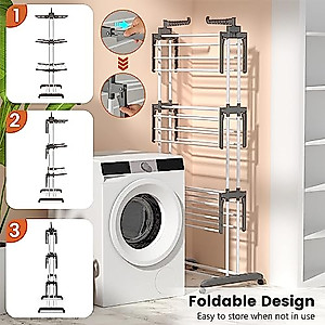 GOFLAME 4-Tier Clothes Drying Rack, Collapsible Clothes Horse Rack with Rotatable Side Wings and Foldable Shelves, Freestanding Garment Dryer Stand with Casters for Indoor and Outdoor Use