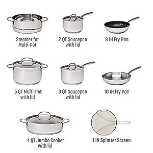 Goodful 12-Piece Classic Stainless Steel Cookware Set with Tri-Ply Base for Even Heating, Durable, Impact Bonded Pots and Pans, Dishwasher Safe Includes Non Stick Frying Pan, Chrome