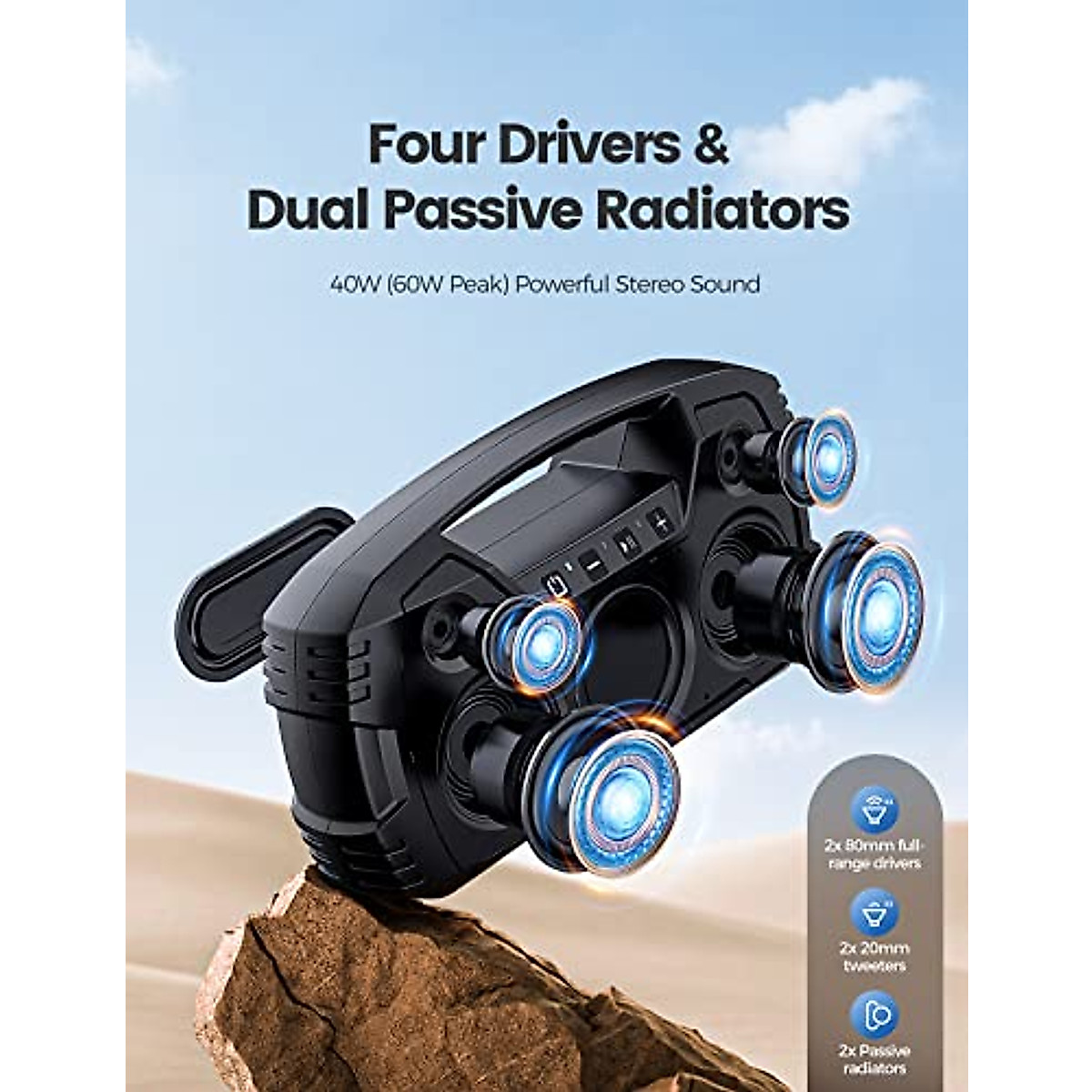 IPX7 Waterproof Bluetooth Speaker, 40W Portable Wireless Speaker, 32H Playtime, Stereo Loud Sound, Deep Bass, Outdoor Speaker with Handle, Bluetooth 5.0, Built-in Mic, Power Bank for Party,Pool,Beach