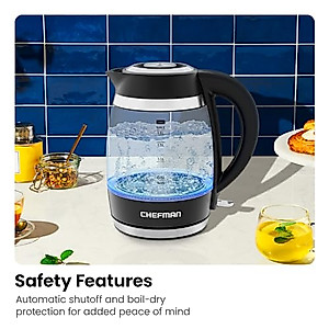 Chefman Electric Kettle, 1.8L 1500W, Hot Water Boiler, Removable Lid for Easy Cleaning, Auto Shut Off, Boil-Dry Protection, Stainless Steel Filter, BPA Free, Borosilicate Glass Electric Tea Kettle