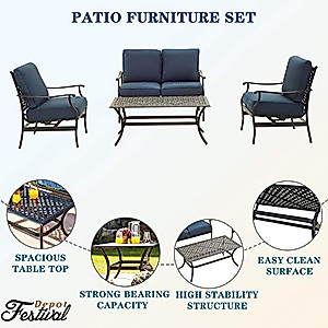 Festival Depot 4pc 4 Seats Patio Conversation Outdoor ArmChairs Loveseat Set with Coffee Table Fabric Metal Frame Furniture Garden Bistro Seating Thick Soft Cushions (Blue)