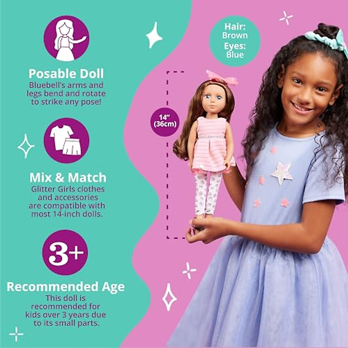 Glitter Girls - Bluebell 14-inch Poseable Fashion Doll - Dolls for Girls Age 3 & Up,Pink, Brown, Silver, Blue