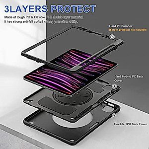 GEEKSDOM iPad Pro 12.9 Case: Military Grade Heavy Duty Shockproof iPad Pro 12.9 case 6th Generation 2022/5th Gen 2021-Pencil Holder-Hand/Shoulder Strap-Rotating Stand-Black