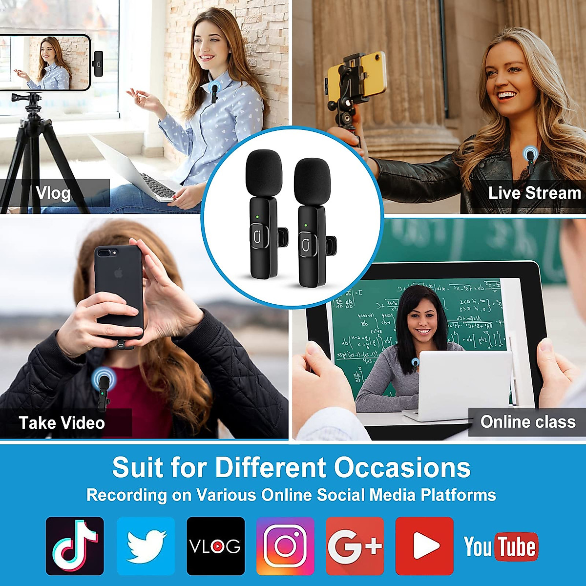 JAUYXIAN K37 Wireless Lavalier Microphone for iPhone, 2 Packs Cordless Lapel Mics, Mini Microphones Recording Mic for Live Stream, Plug-Play/Noise Reduction / 10H for Podcast Vlog YouTube