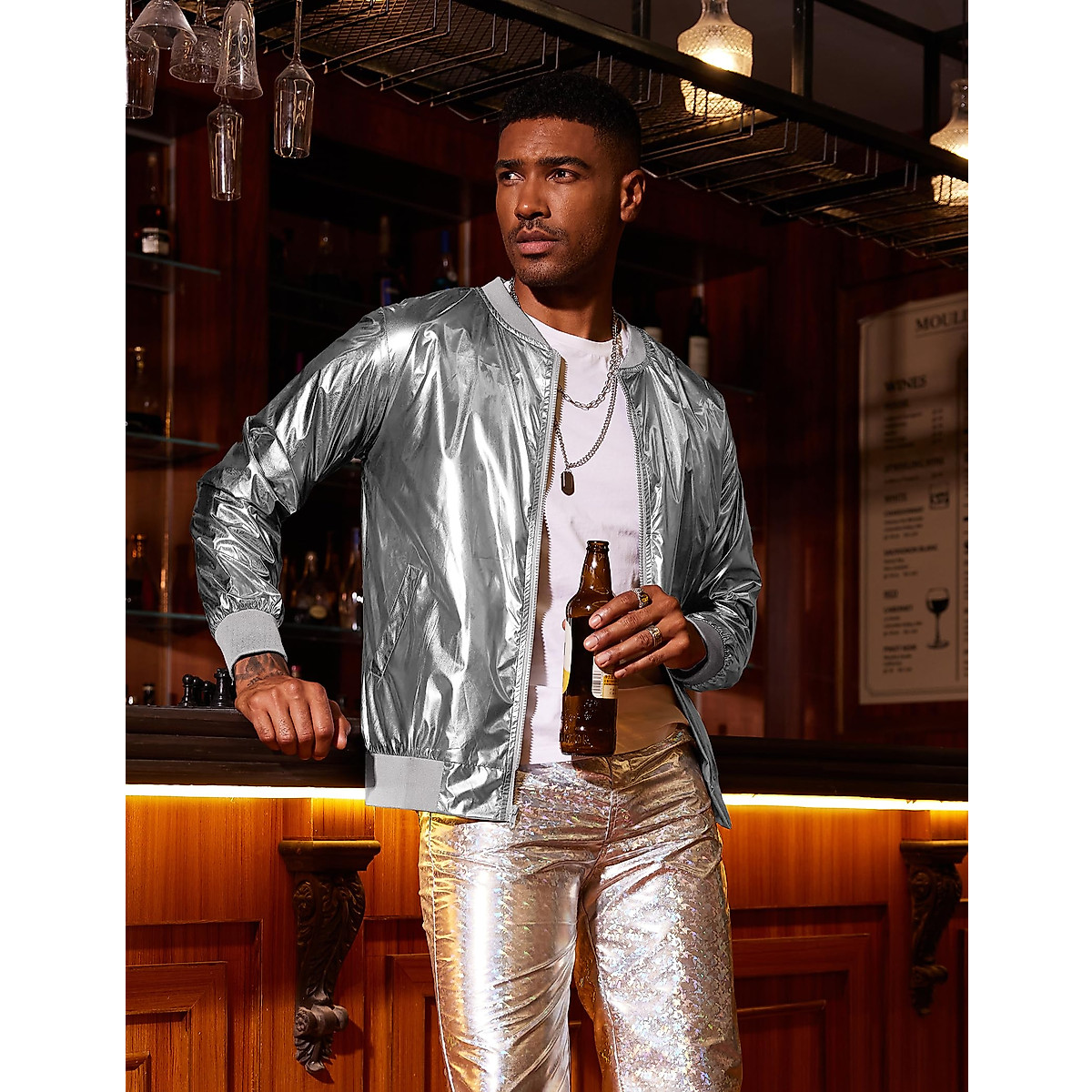 COOFANDY Mens Coat Metallic 70s Disco Party Varsity Jacket Button Zip-up Baseball Bomber